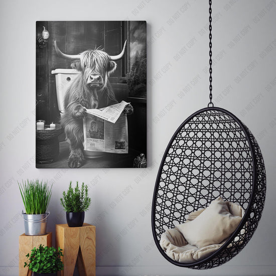 Highland Cow Reading Newspaper On Toilet Canvas Wall Art Prints – Big ...