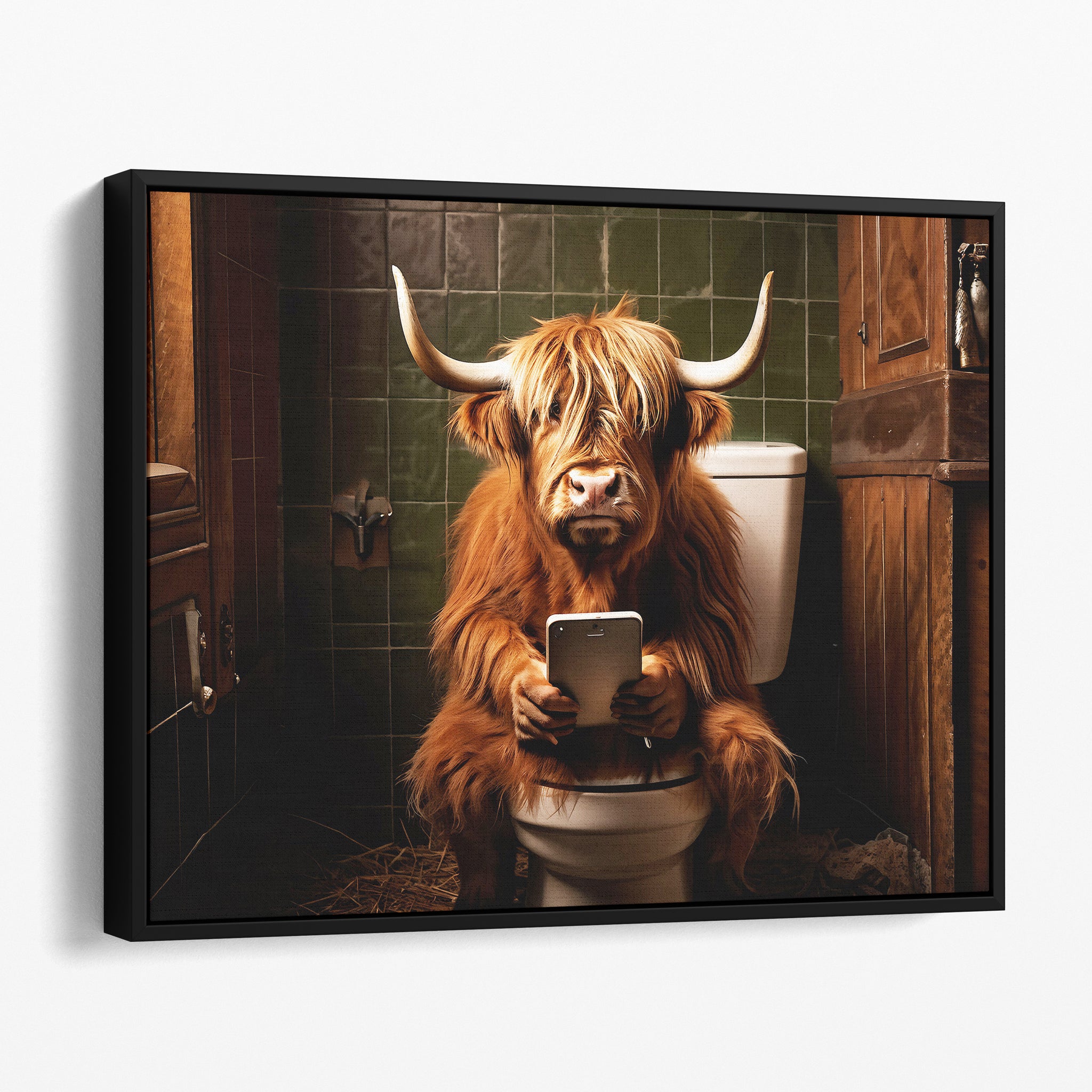 Highland Cow On Phone On Toilet Canvas Wall Art Prints – Big Canvas Art ...