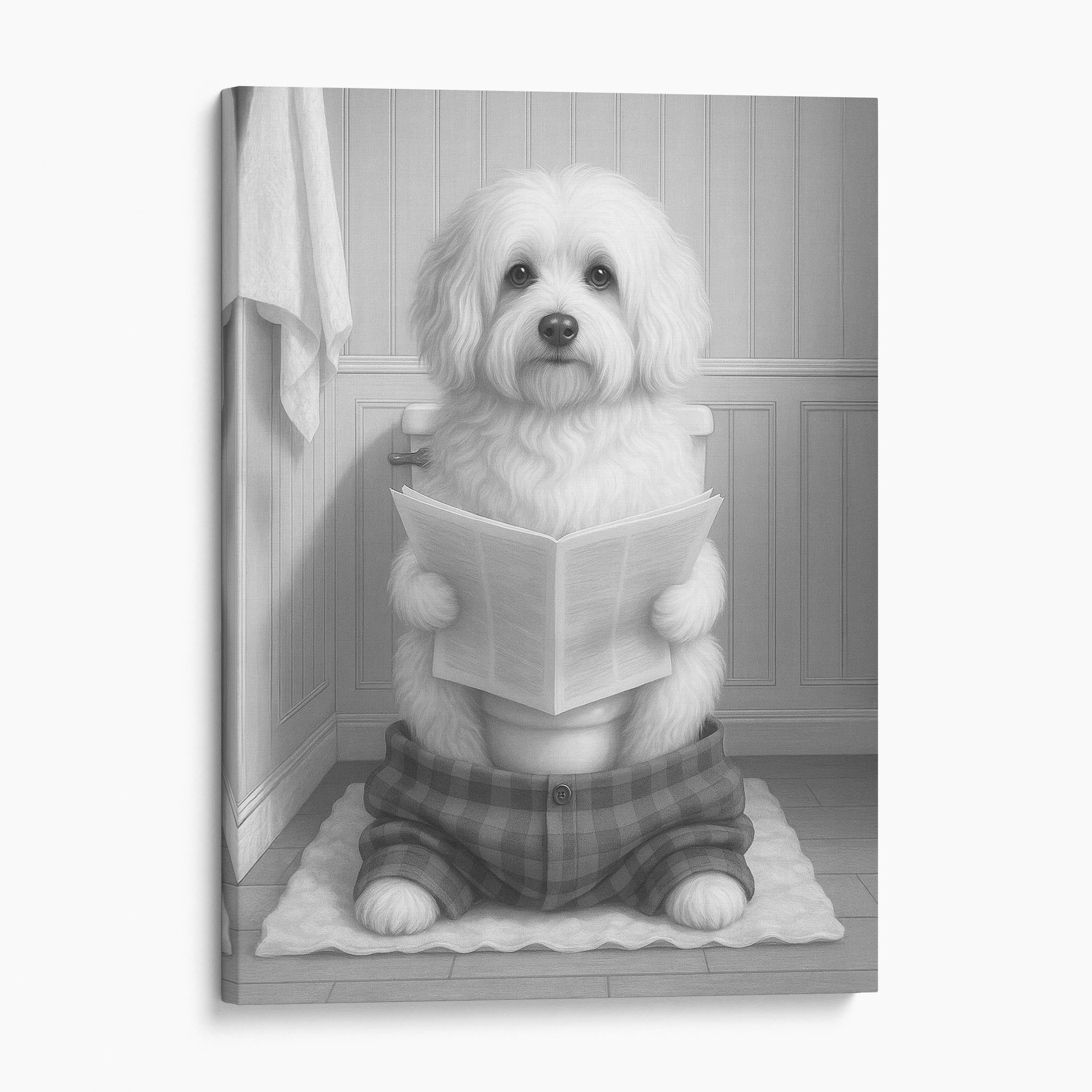 Havanese Dog Reading The Newspaper On The Toilet Canvas Wall Art Prints ...