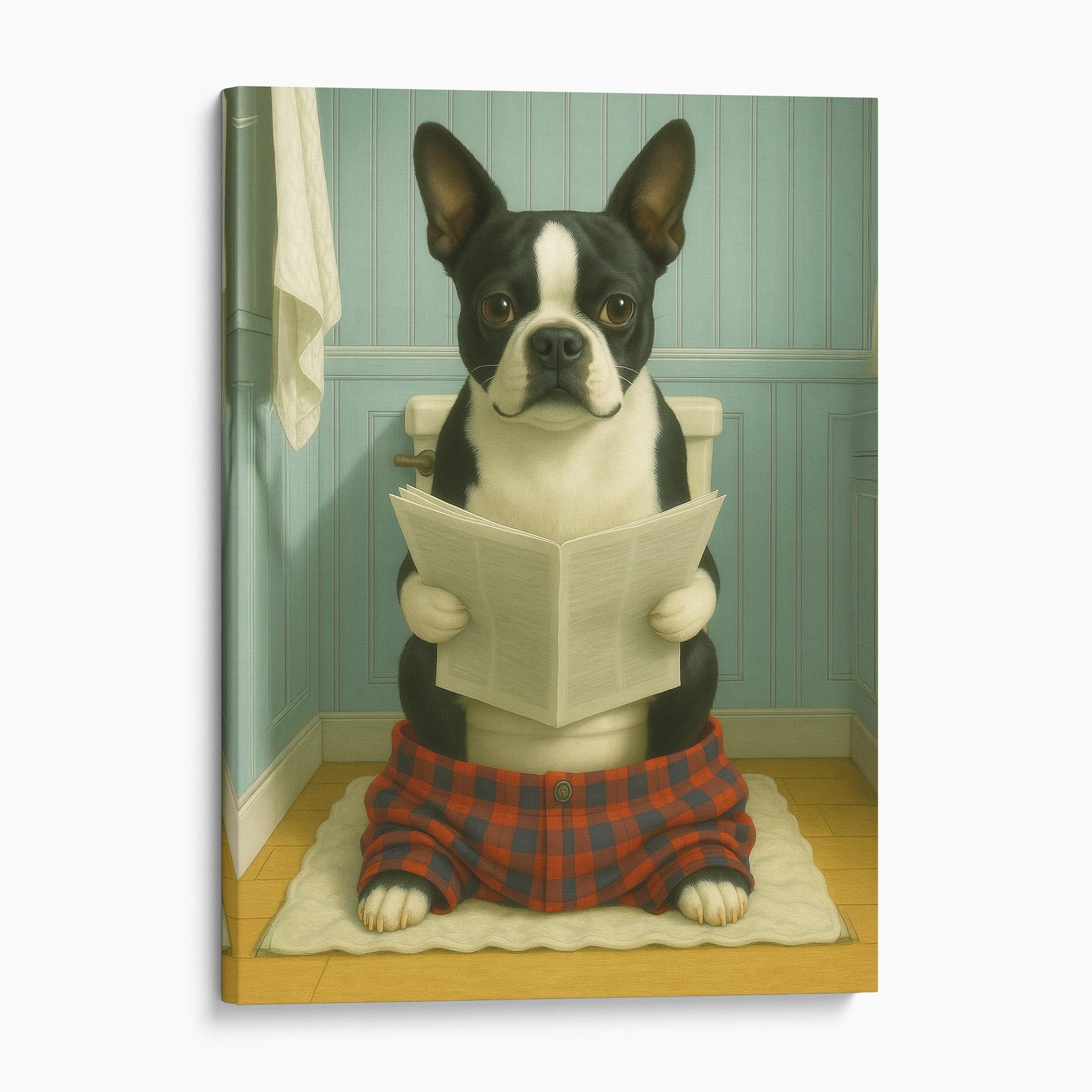 Boston Terrier Dog Reading The Newspaper On The Toilet Canvas Wall Art ...