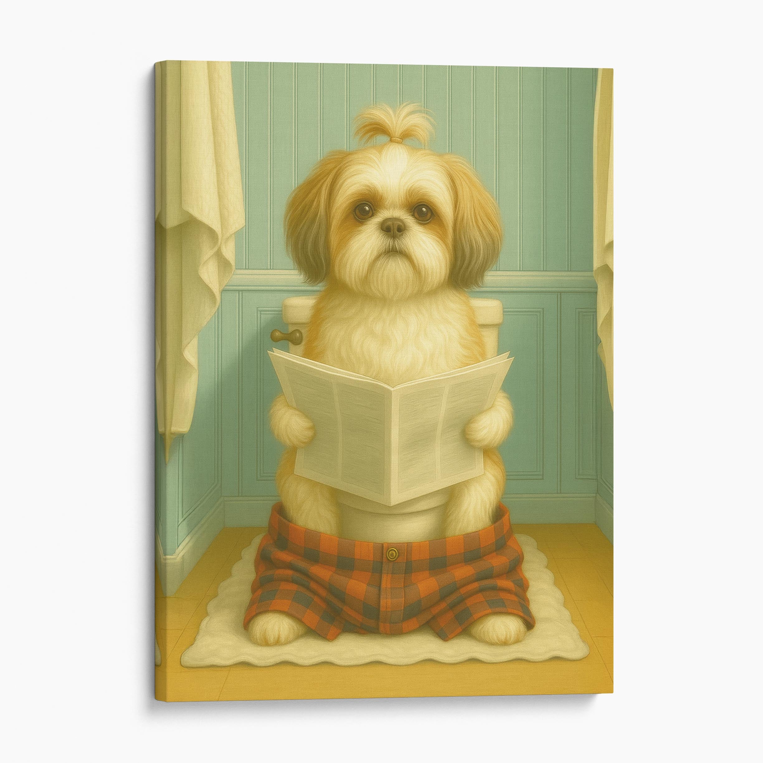 Shih Tzu Dog Reading The Newspaper On The Toilet Canvas Wall Art Prints ...