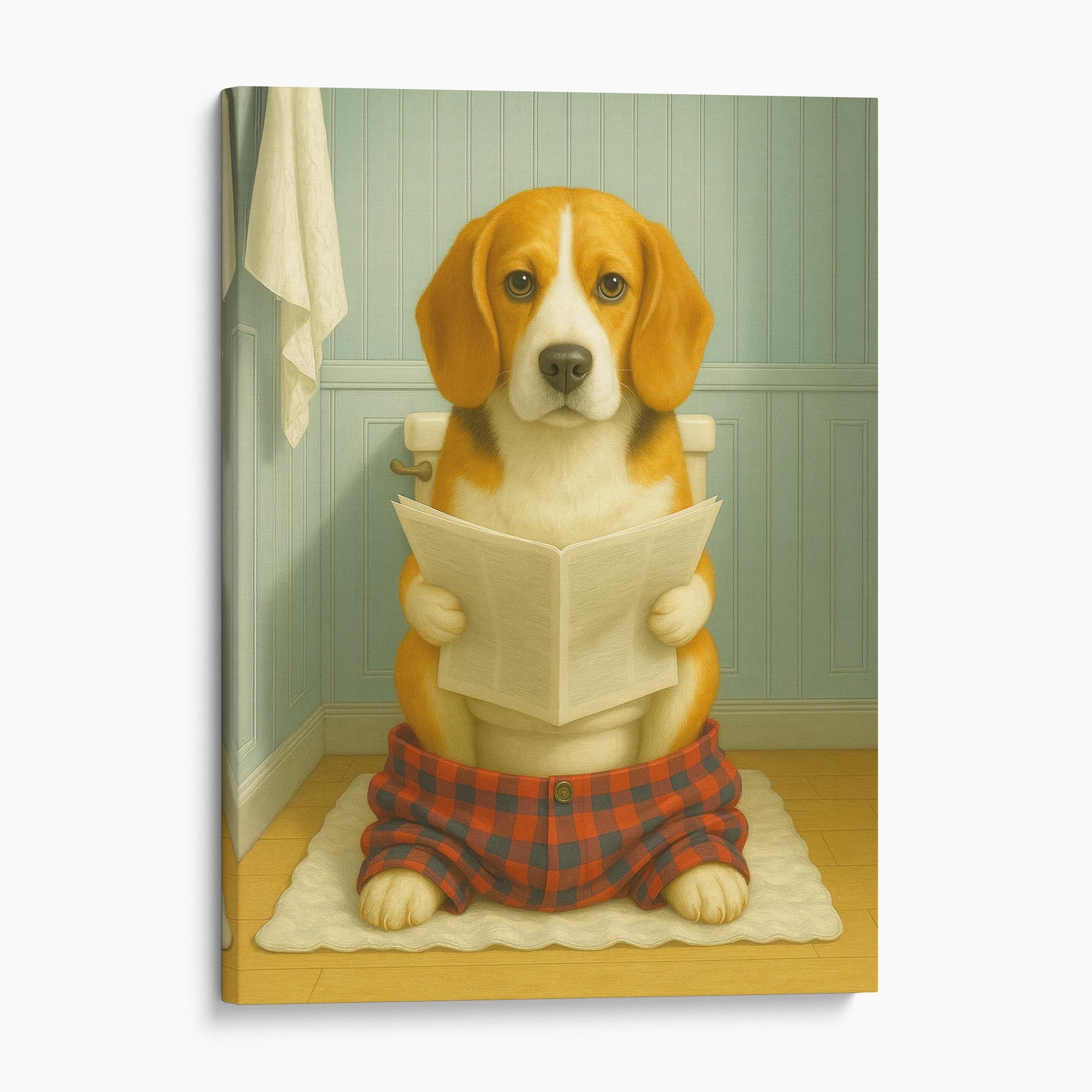Beagle Dog Reading The Newspaper On The Toilet Canvas Wall Art Prints ...