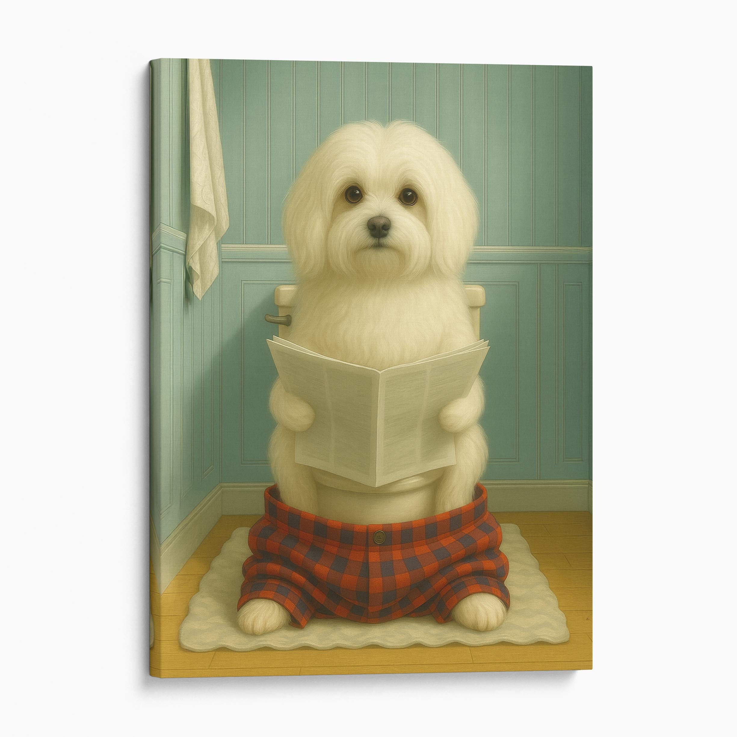 Maltese Dog Reading The Newspaper On The Toilet Canvas Wall Art Prints ...