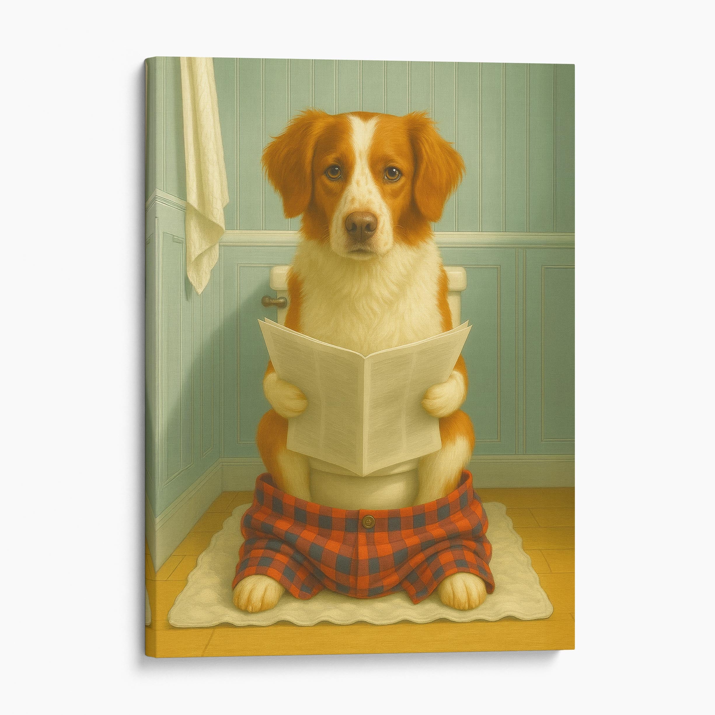 Brittany Dog Reading The Newspaper On The Toilet Canvas Wall Art Prints ...