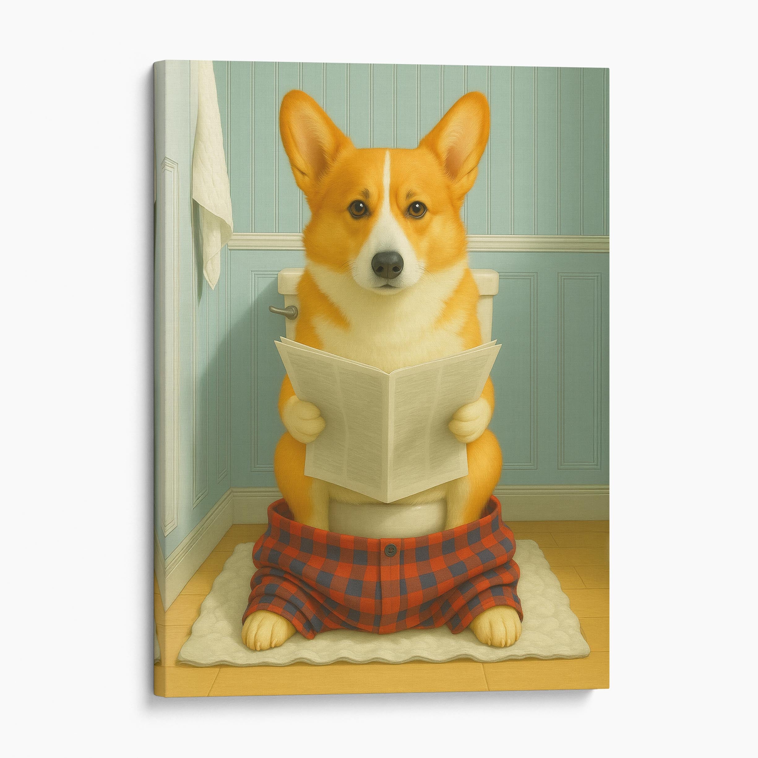 Corgi Dog Reading The Newspaper On The Toilet Canvas Wall Art Prints ...