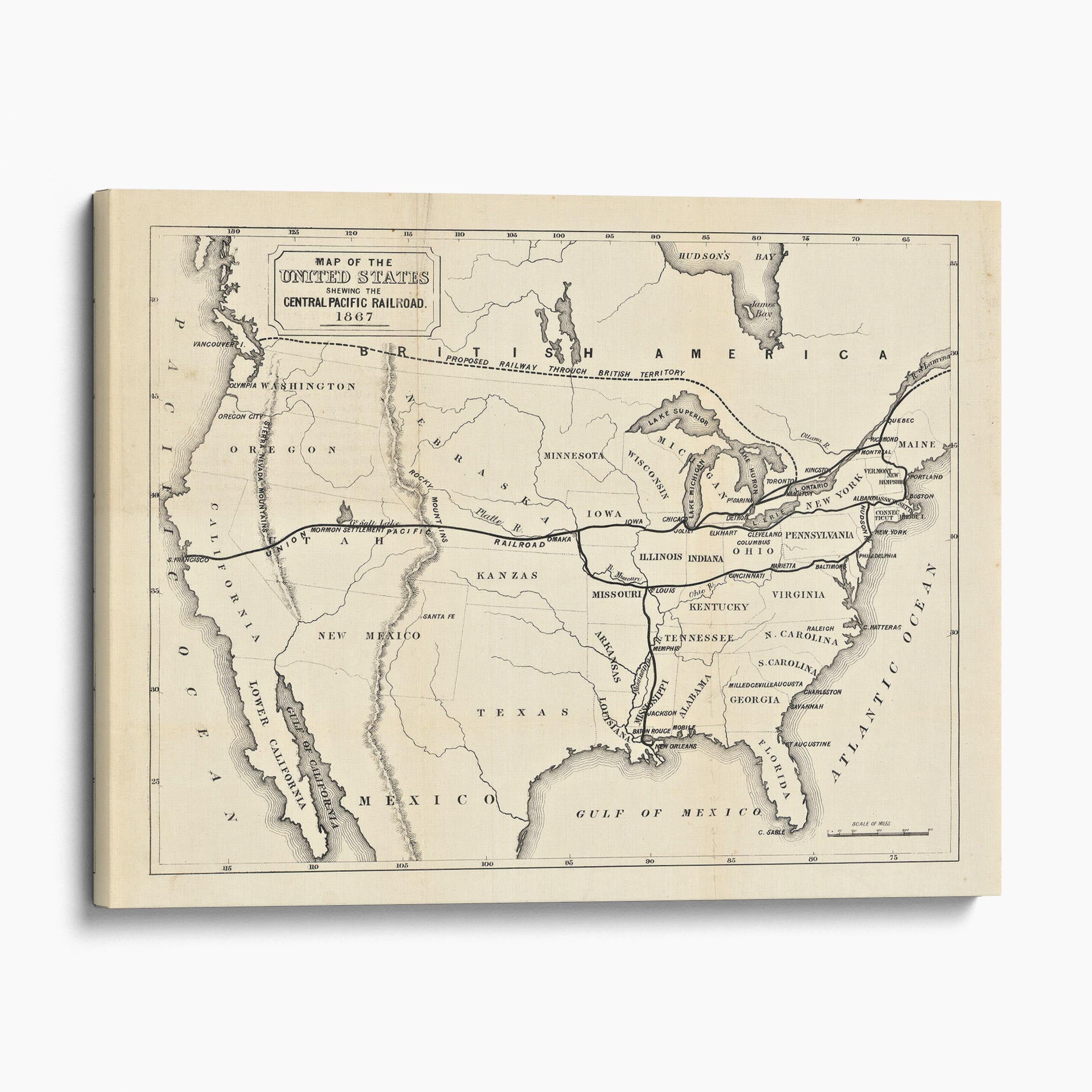 Map of the United States 1867 Central Pacific Railroad Canvas Wall Art ...